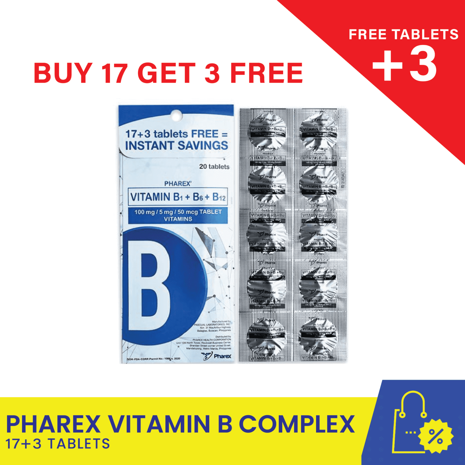 PHAREX Vitamin B1+B6+B12 Complex 17+3 tablets (For Nerve Health ...